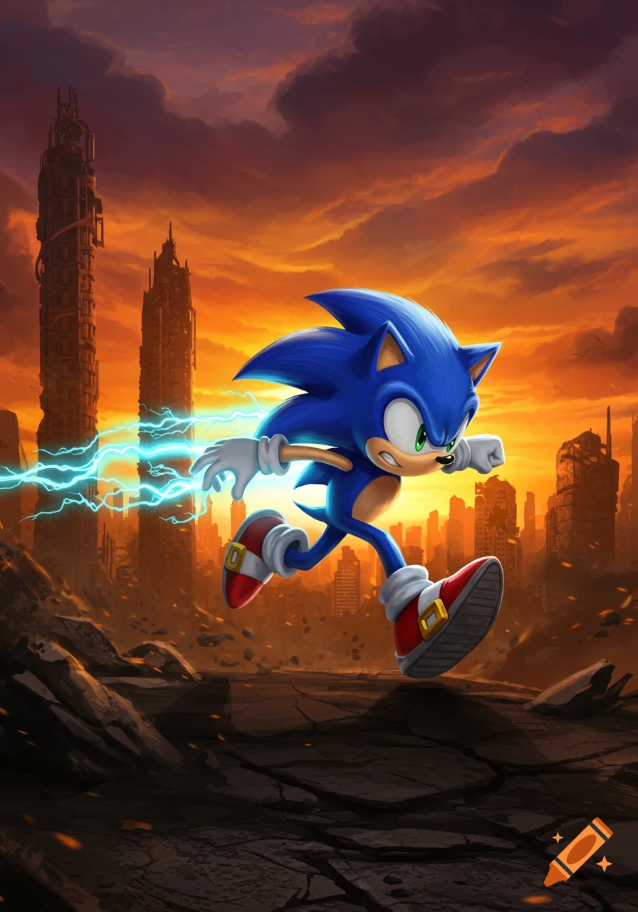Shadow the Hedgehog dashes through a futuristic city at night, leaving ...
