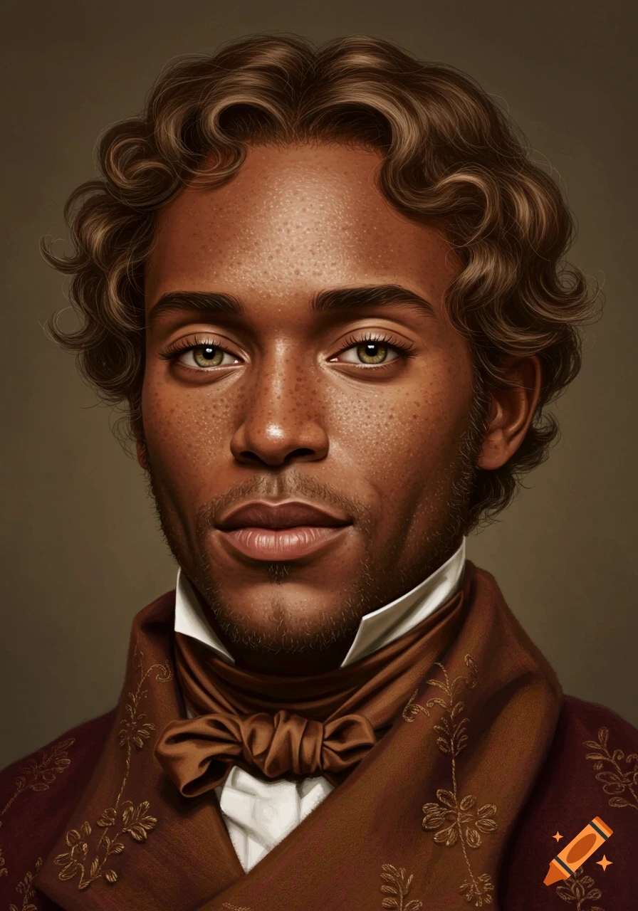 Close-up realistic portrait of a man with dark skin, wavy brown hair ...