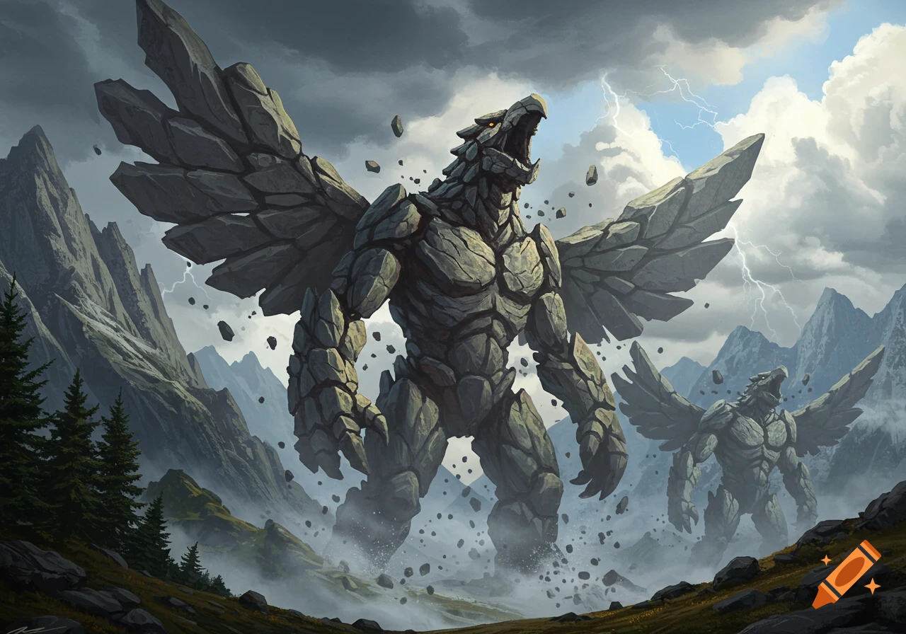 Two colossal, winged rock monsters rise roaring from a misty mountain ...