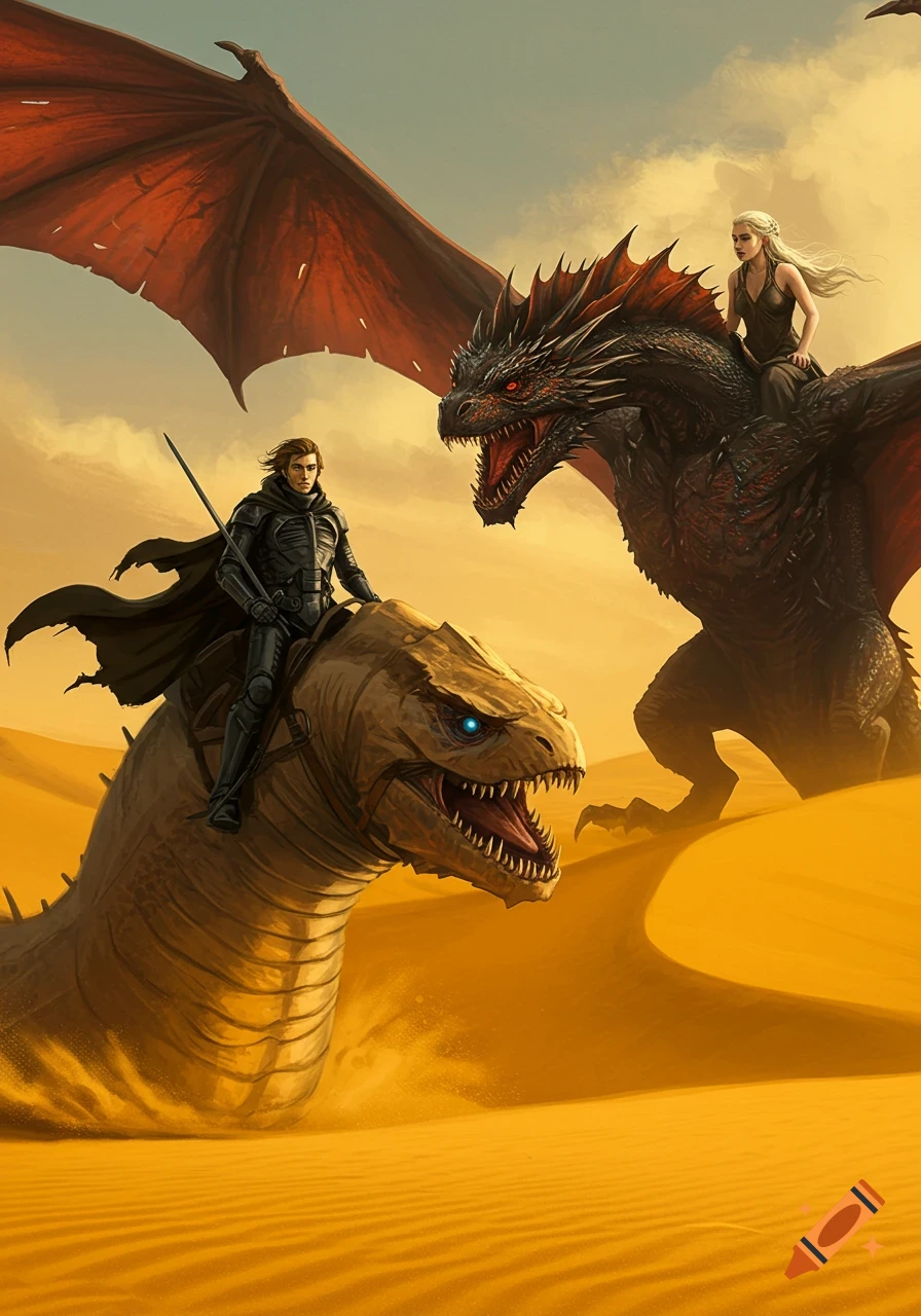 Paul Atreides rides a sand worm while meeting Daenerys Targaryen on a ...