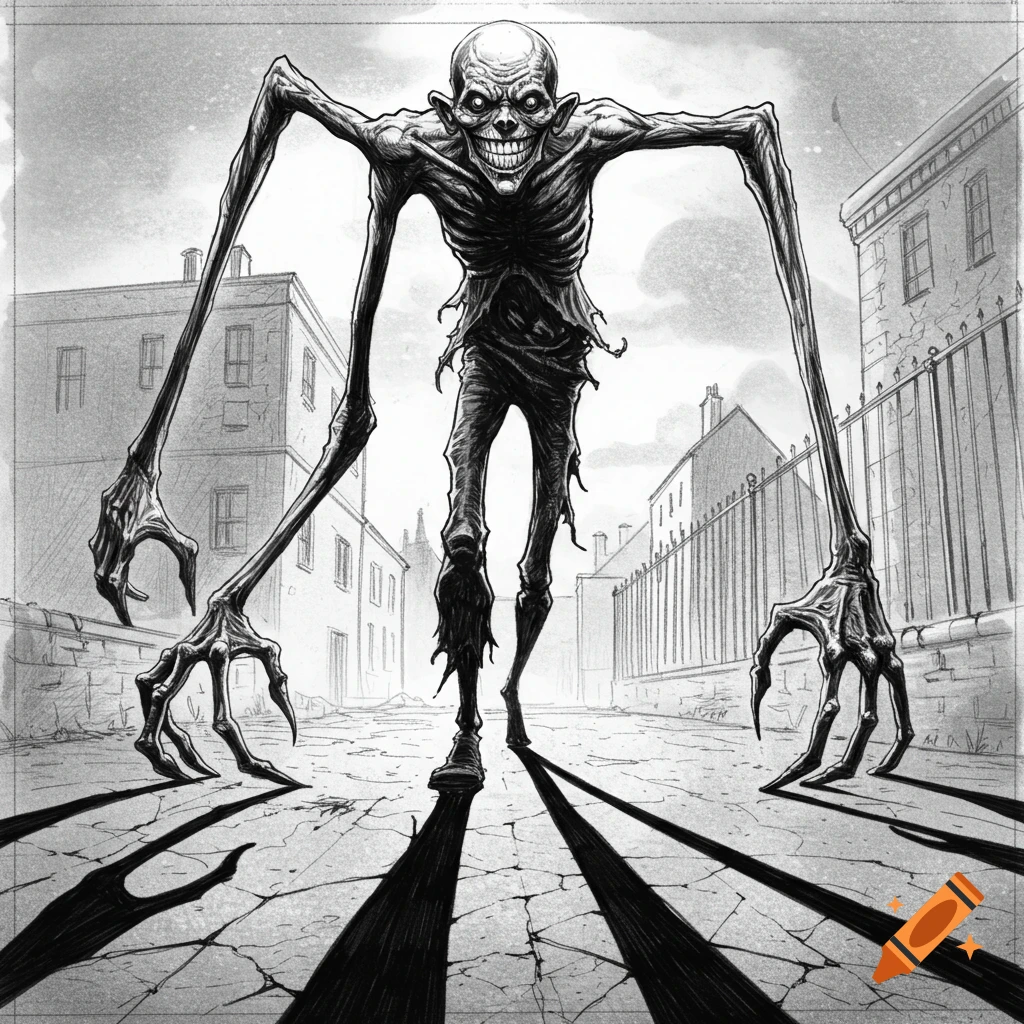 Black and white sketch of a terrifyingly tall, skinny monster with long ...