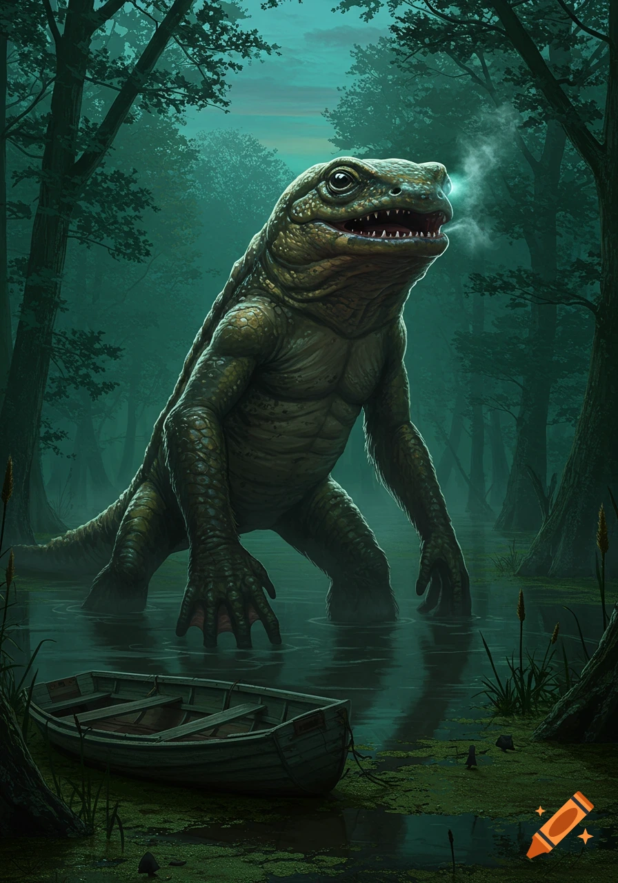 A large, green, muscular, frog-like creature with big teeth stands in a misty swamp with a small ...