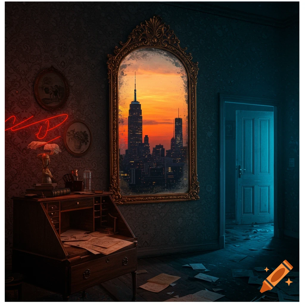 A dimly lit room with ornate wallpaper features a gold-framed mirror ...