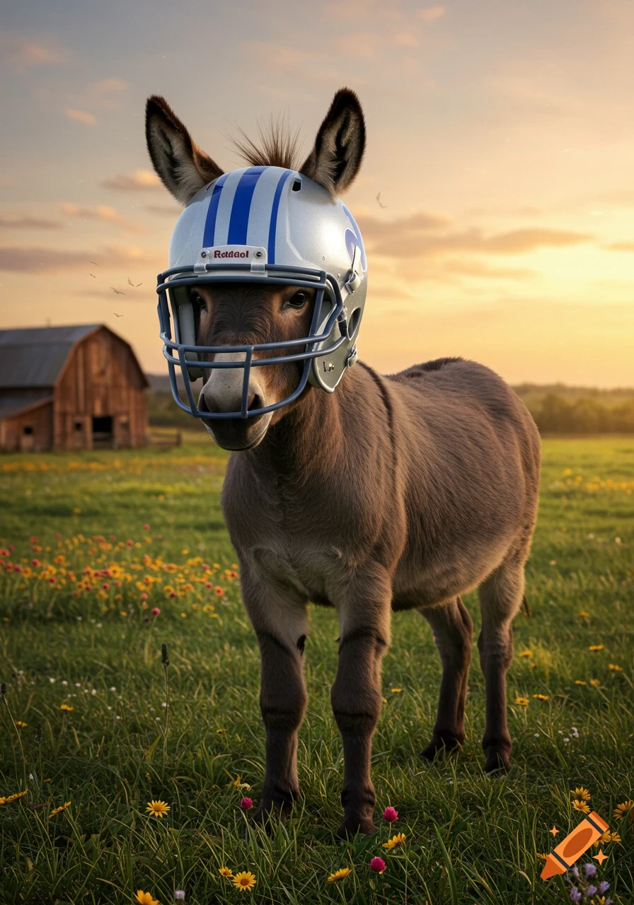 A photorealistic image of a donkey wearing a football helmet, standing ...