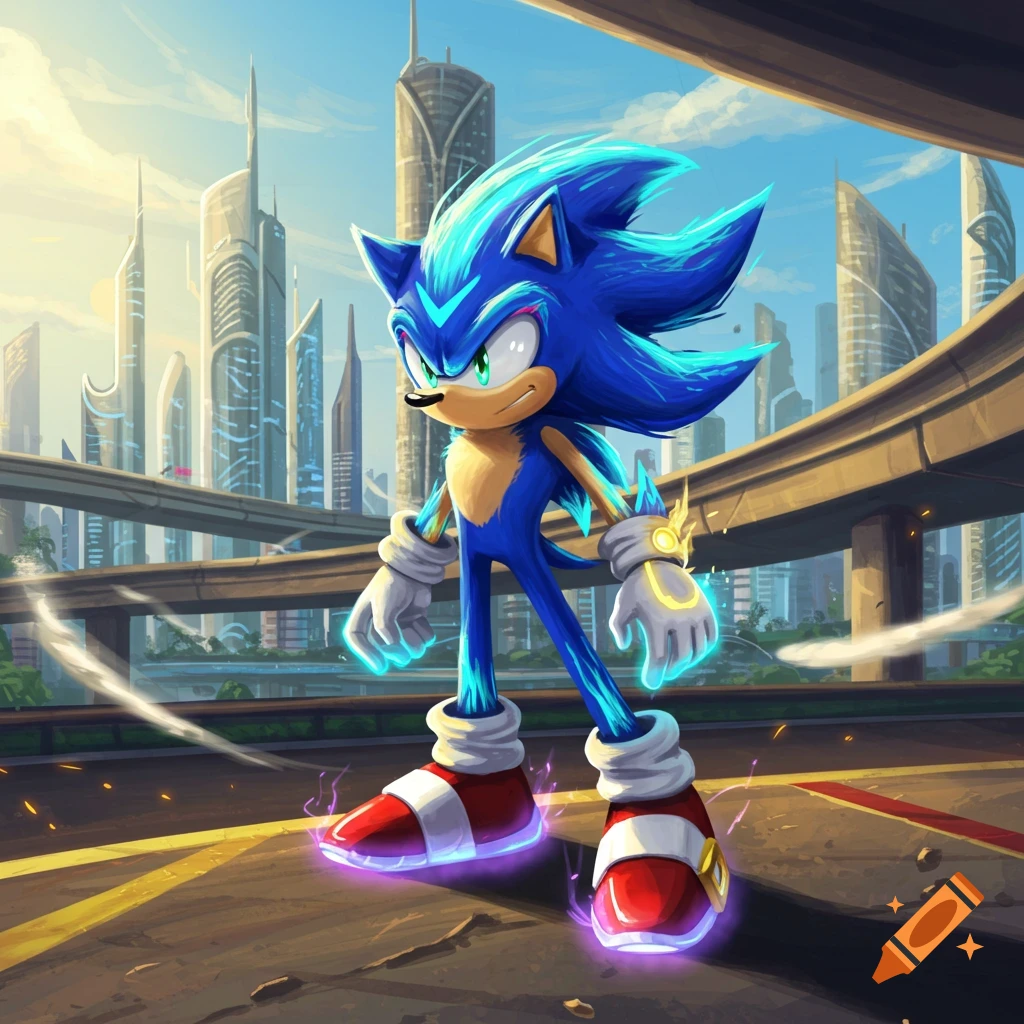 Redesigned Sonic the Hedgehog with glowing hands and feet in a vibrant ...