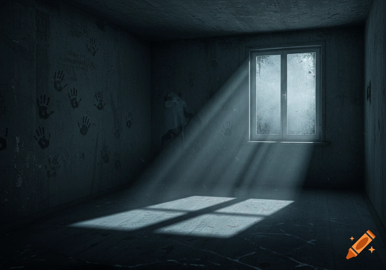 A moody blue, cinematic image of a dusty old window at night with ...
