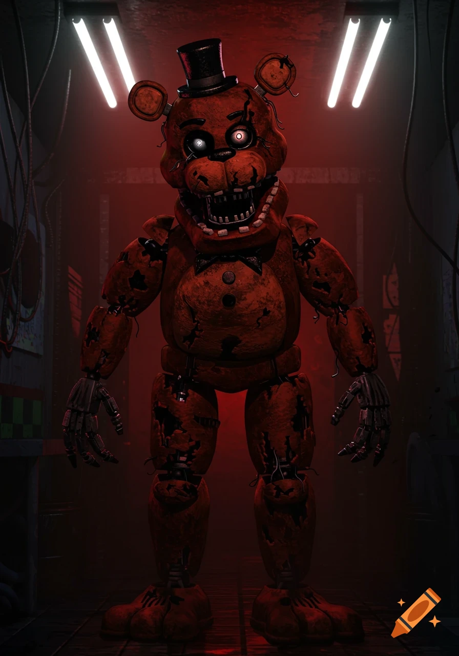 Withered Freddy animatronic with glowing red eyes stands in a dark ...
