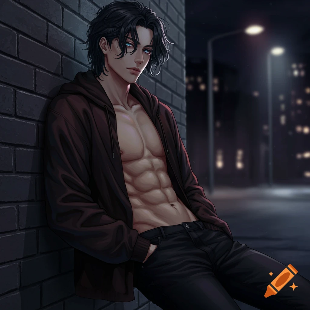 An anime guy with black hair, blue eyes, and toned abs in an open dark ...