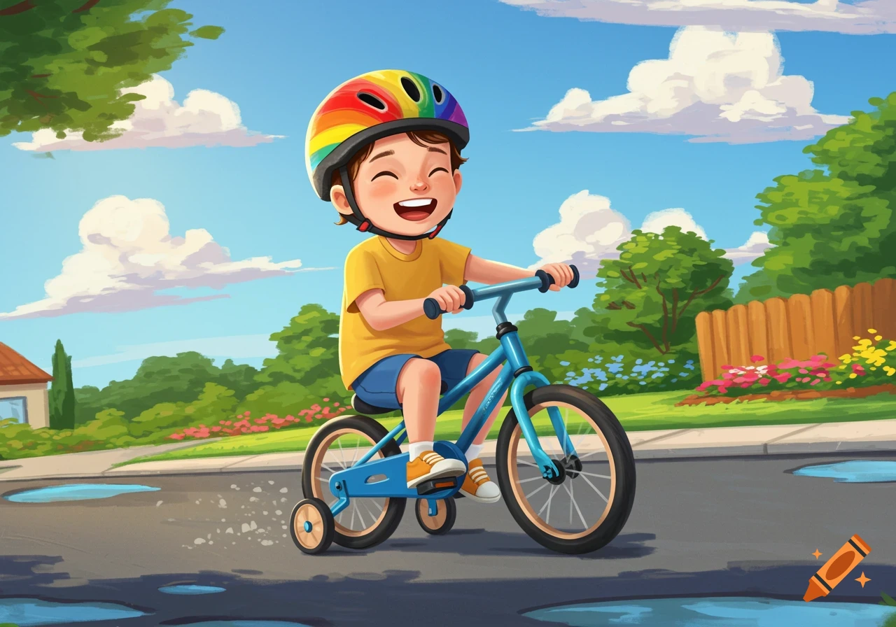 A happy retro cartoon cat rides a bicycle through a colorful village ...
