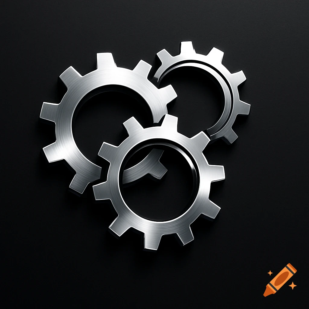 Three brushed silver gears interlocking on a dark background, in a ...