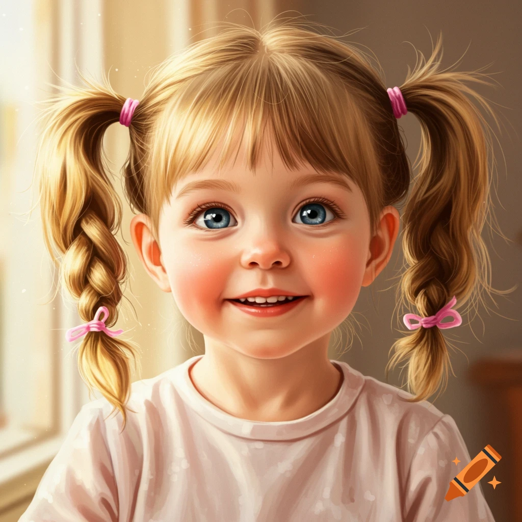 Close-up of a smiling blonde little girl with blue eyes, wearing ...