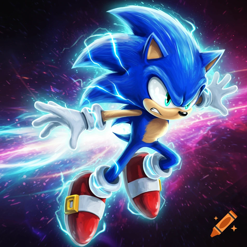 Angry blue Sonic the Hedgehog crackling with electric power on a white ...