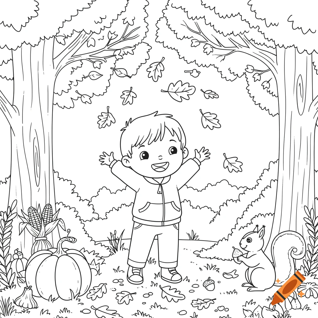A line art coloring page of a happy child throwing autumn leaves in a ...