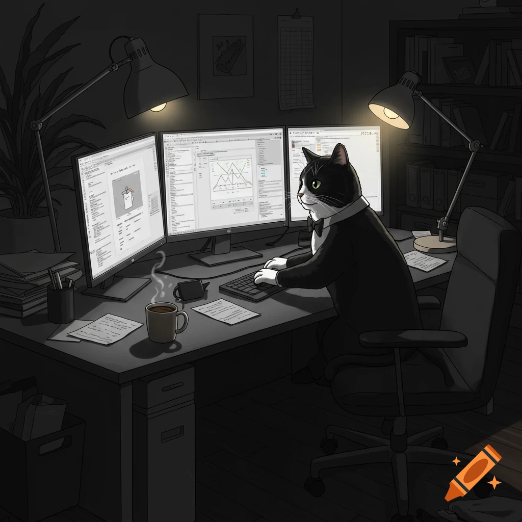 Tuxedo cat in a bow tie working at a multi-monitor computer desk in a ...
