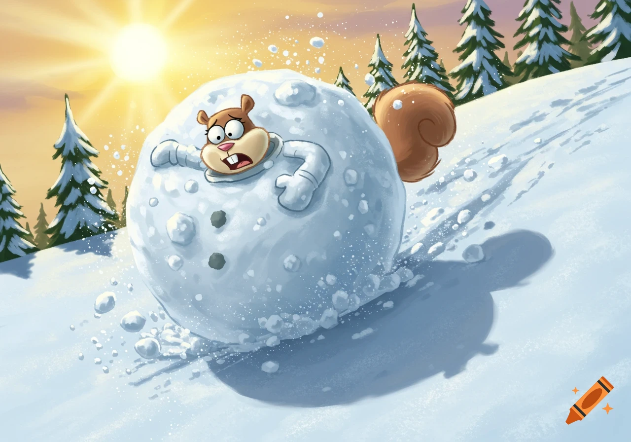 Olive Oyl is stuck in a giant snowball in a snowy landscape with ...