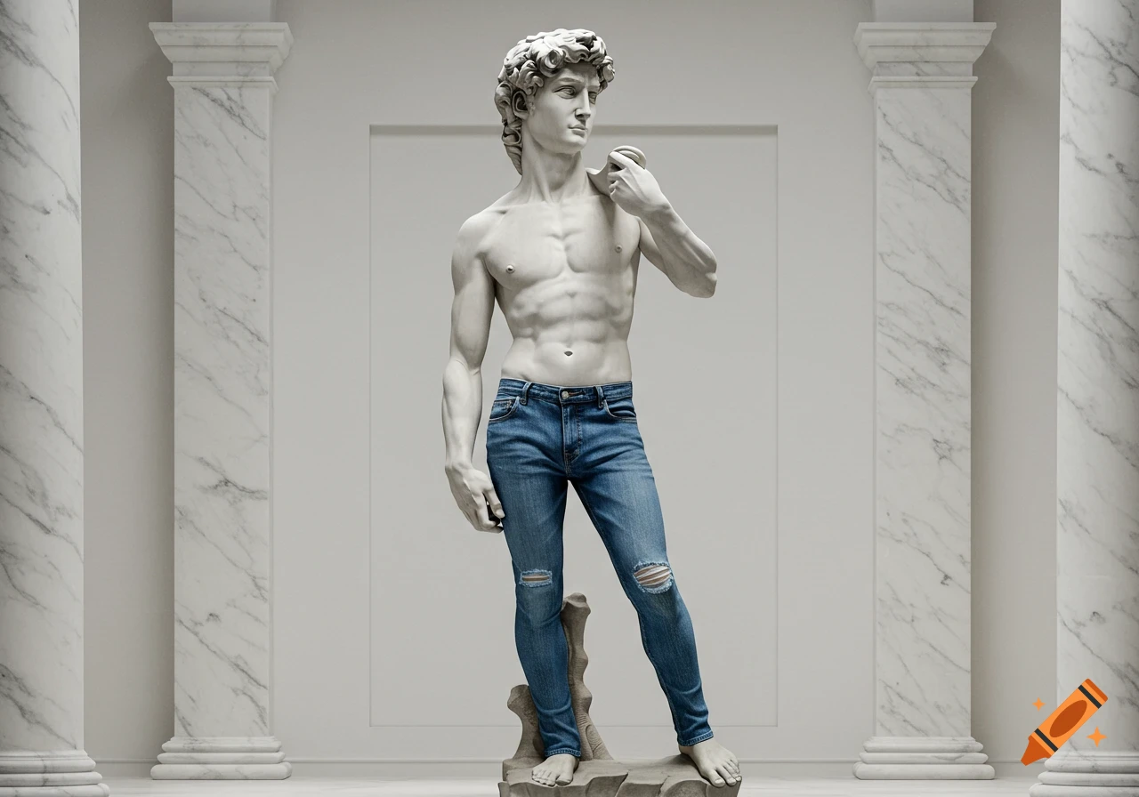 A marble statue of an obese Michelangelo's David stands in a museum ...