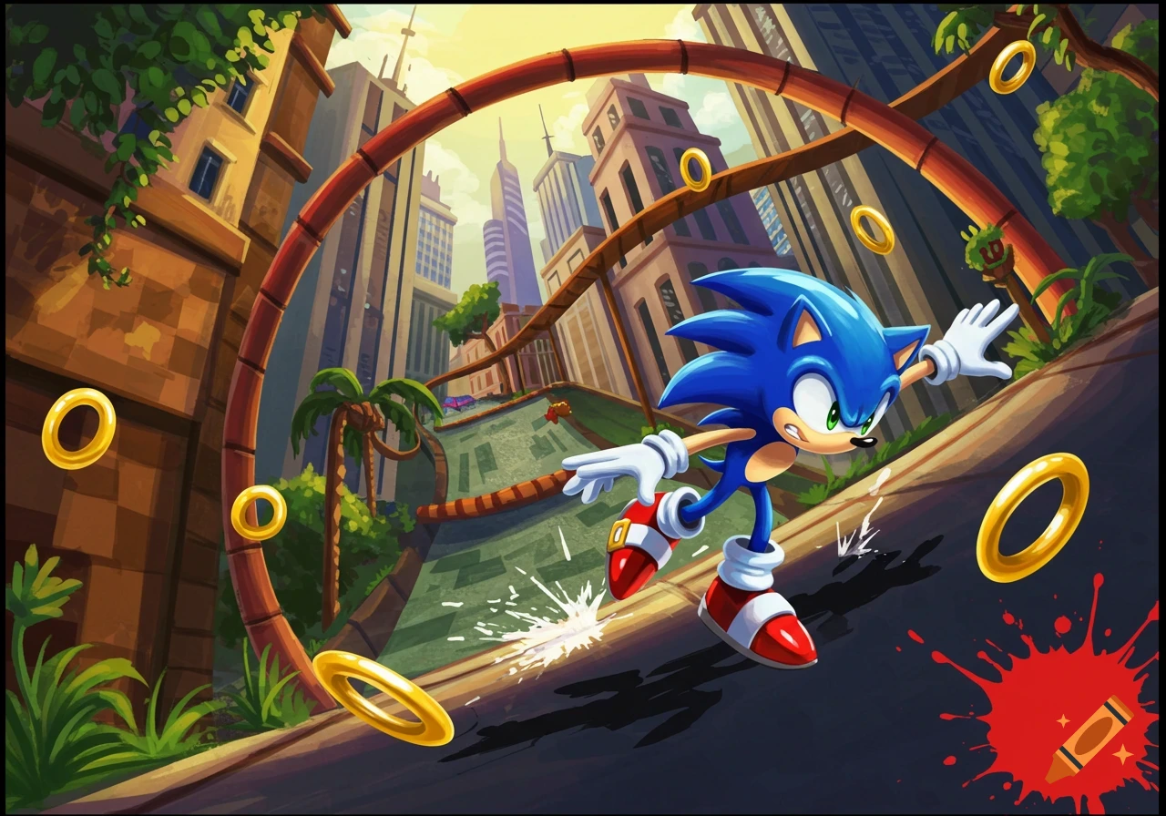 Sonic the Hedgehog dashes down a city street with red loops and golden ...