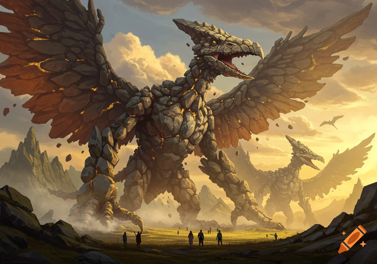 Giant rock-winged creatures with glowing fissures tower over tiny ...