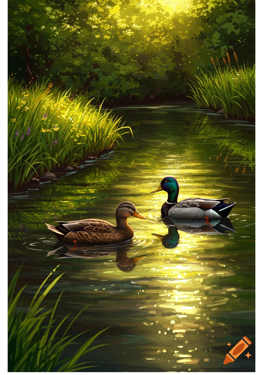 Two ducks swim in a sunlit stream surrounded by lush green foliage in a vibrant digital painting ...
