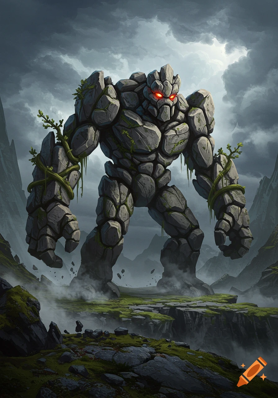 A massive, anthropomorphic rock monster stands in a dusty desert ...