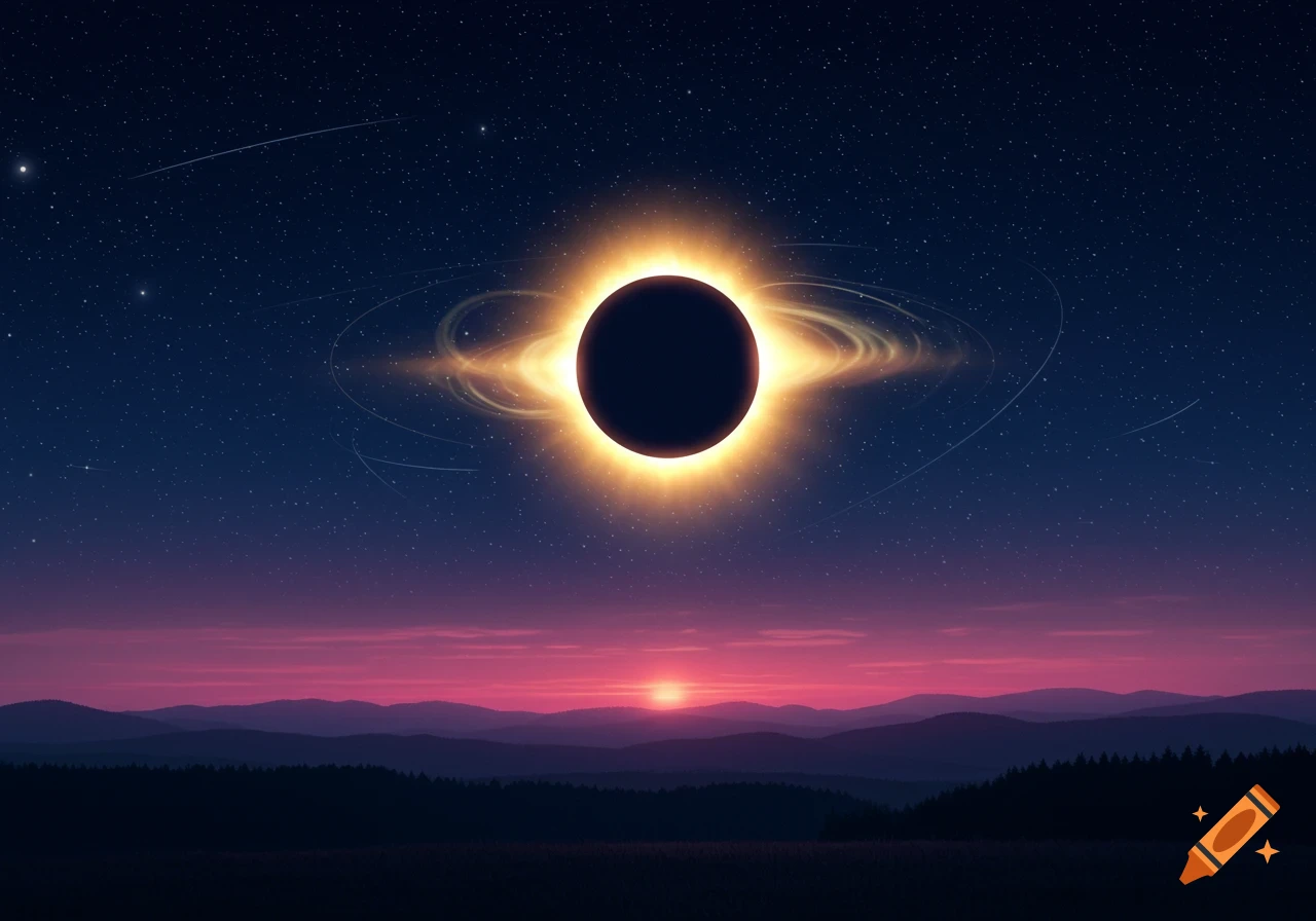 A vibrant eclipse with a golden glow dominates a starry night sky above ...