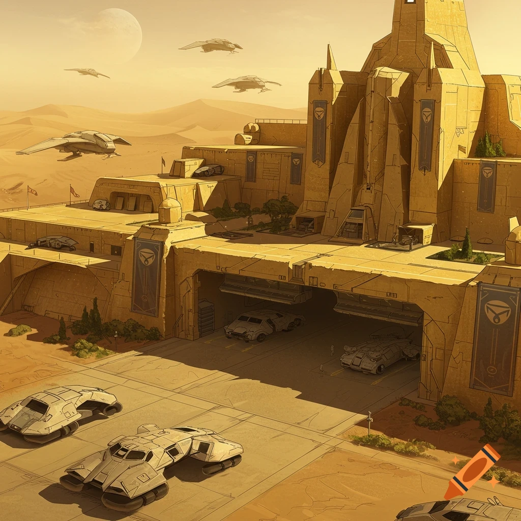 An expansive futuristic desert guild base with a large, sand-colored ...