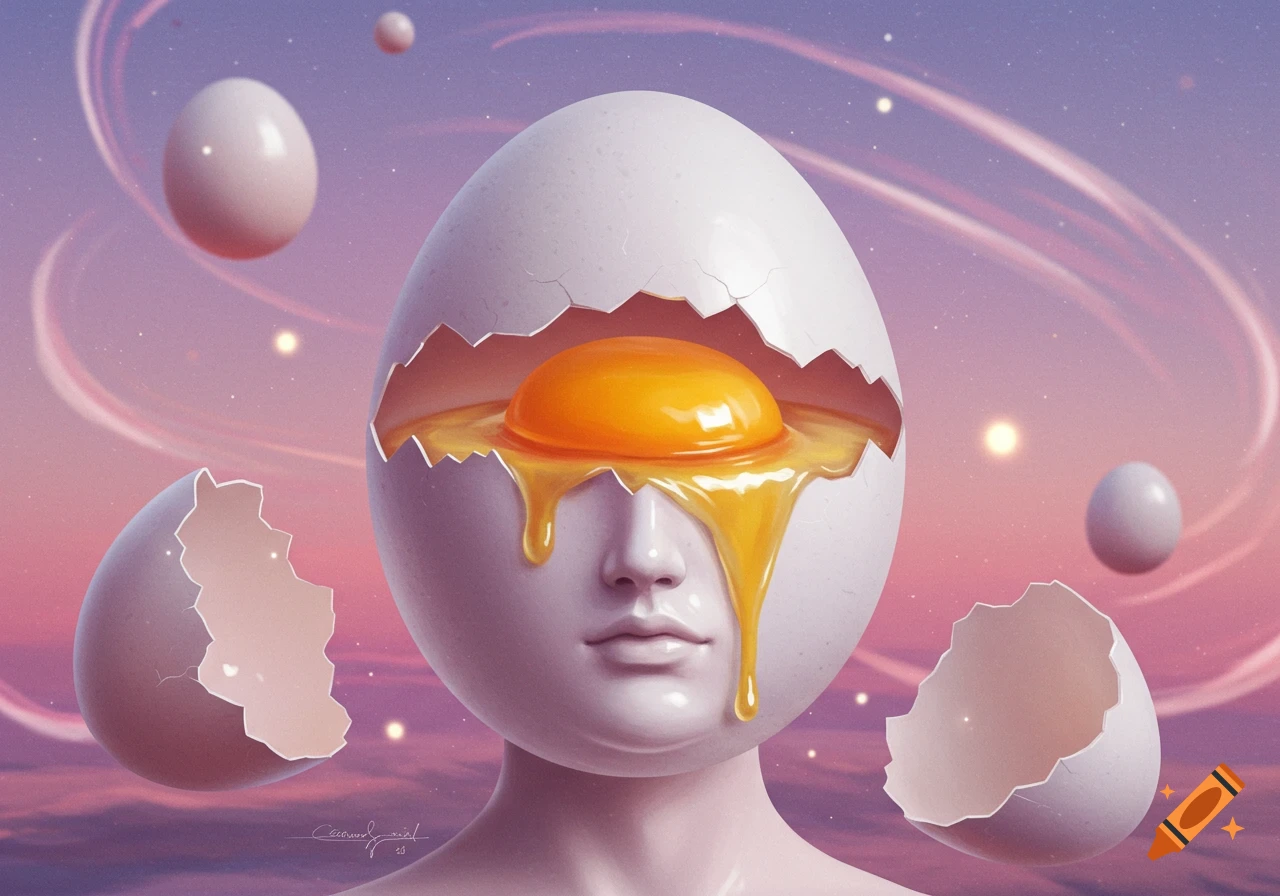 A surreal digital art portrait of a human bust with a cracked egg head ...