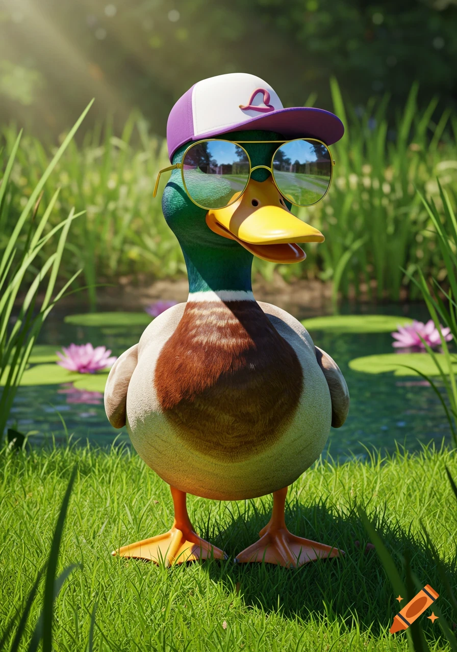 A cartoon Psyduck character with a beard, glasses, and a floral ...