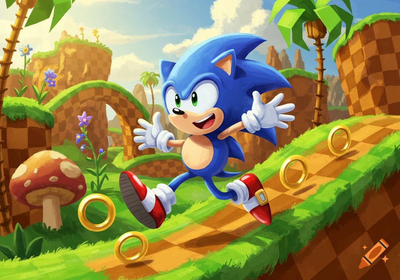 Blue hedgehog Sonic speeds through a vibrant cartoon landscape with ...