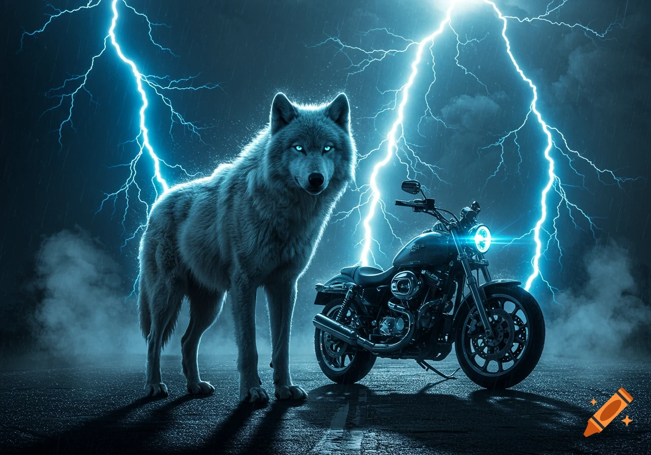 A fluffy black cat with vivid green eyes rides a detailed Harley ...