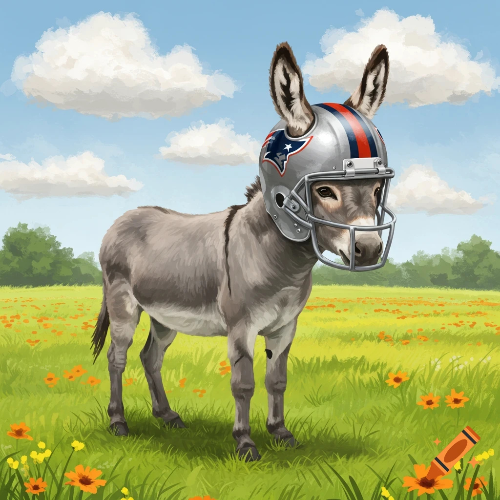 A gray donkey wearing a silver football helmet with the New England ...