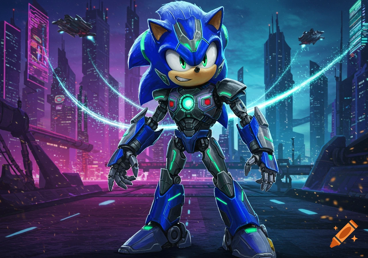 Sonic the Hedgehog in a blue and grey robot suit stands in a neon-lit ...