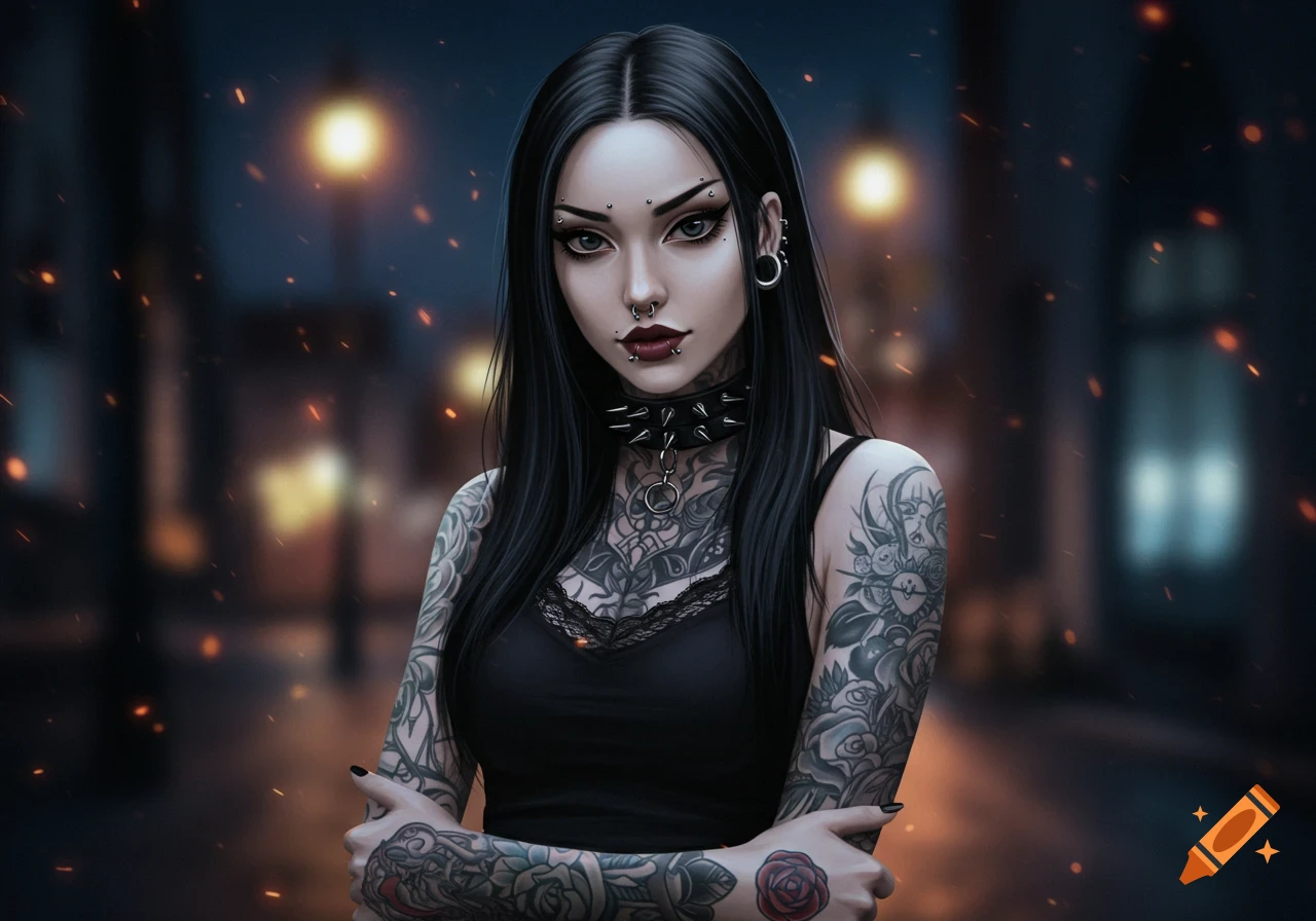A goth woman with long black hair, facial piercings, and full arm and ...