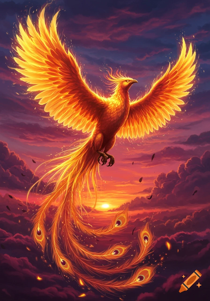 A majestic black phoenix with fiery red and orange wings flies against ...