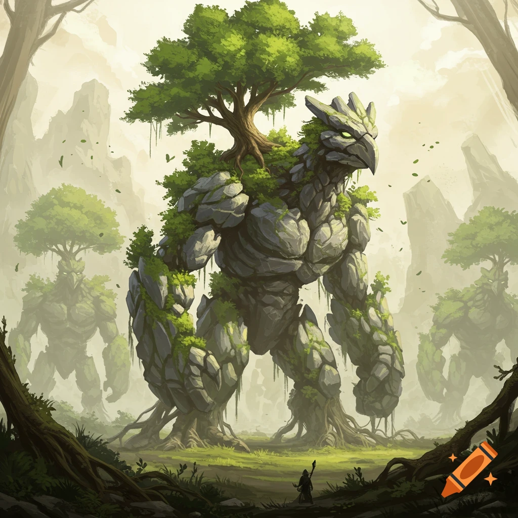 Three colossal rock and tree elemental monsters with bird-like heads ...