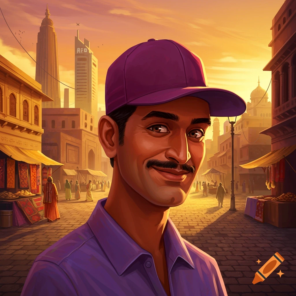 A jubilant cartoon man in glasses and a djellaba rides an electric ...