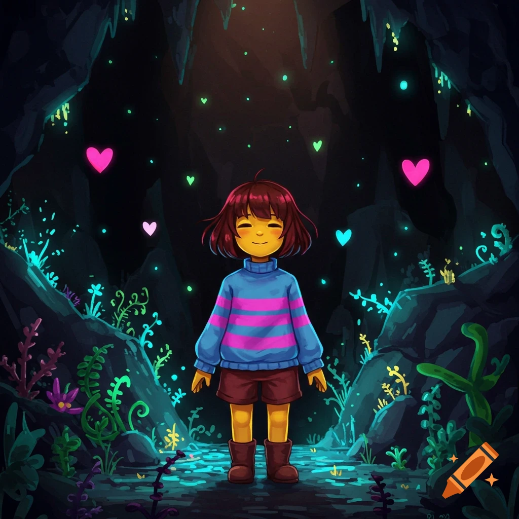 Cartoon illustration of Frisk from Undertale standing in a dark ...