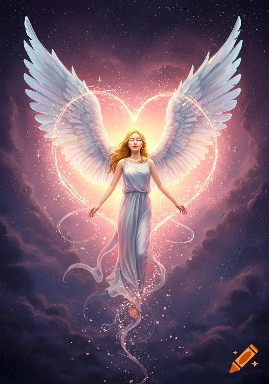 Angels descend from a bright light in the sky amidst vibrant aurora ...