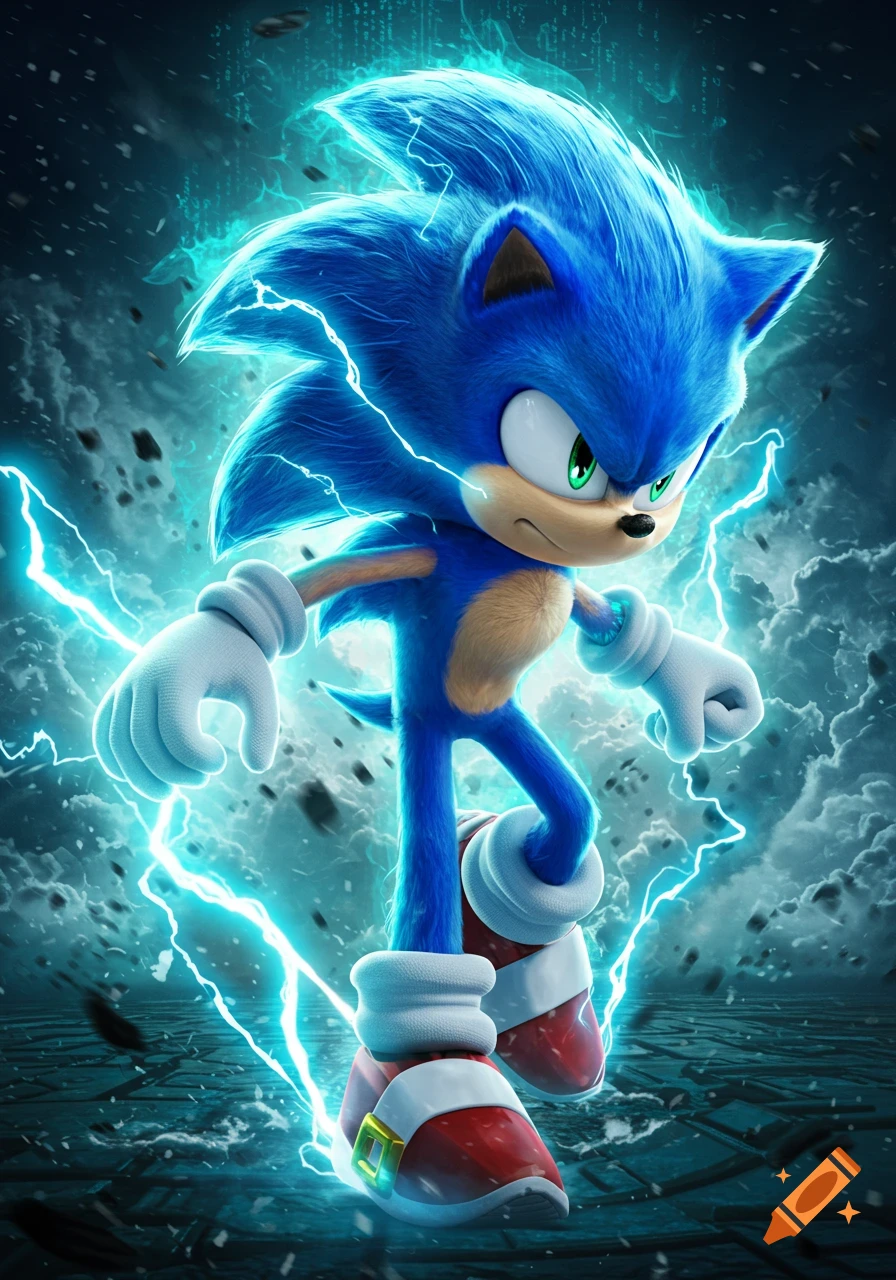 Angry blue Sonic the Hedgehog crackling with electric power on a white ...