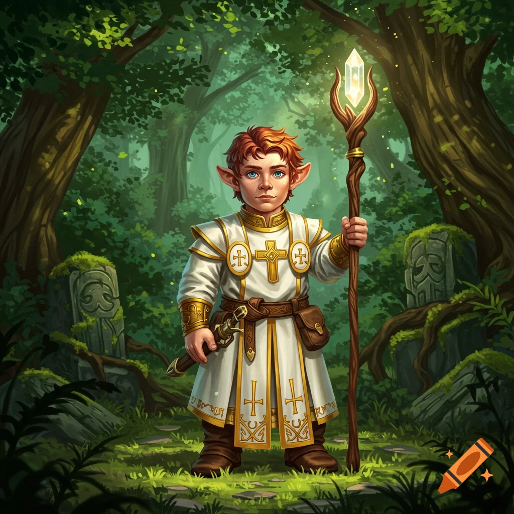 Red-haired halfling cleric with a keg and glowing staff in a magical ...
