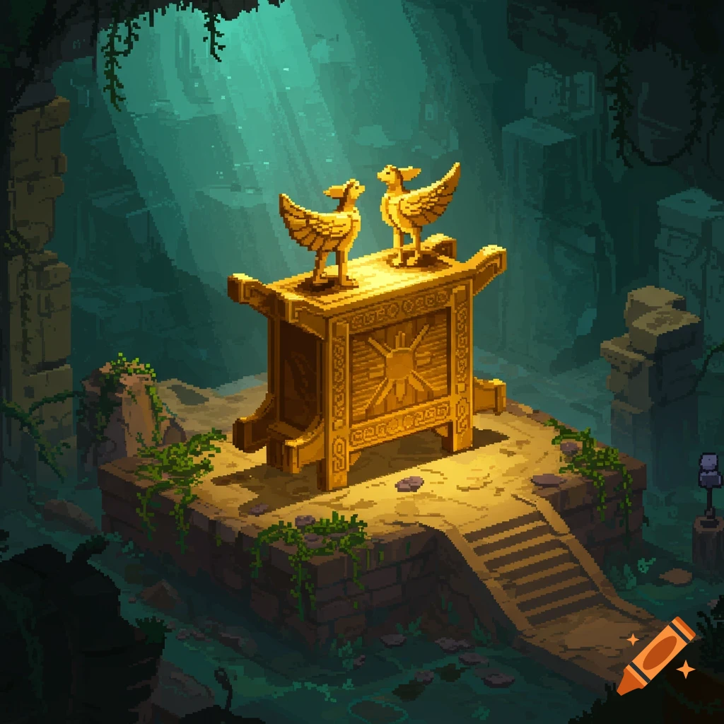 Pixel art of a golden altar with two bird statues and a sun symbol ...