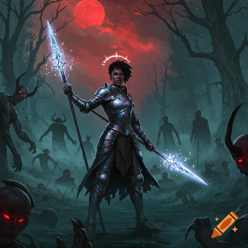A black woman in full plate armor holds a glowing spear, facing an army ...