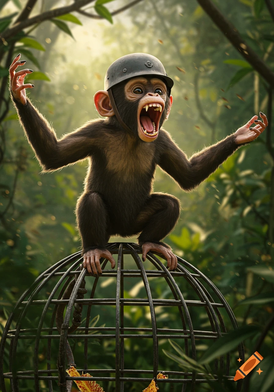 A photorealistic baby chimpanzee wearing a black military helmet ...