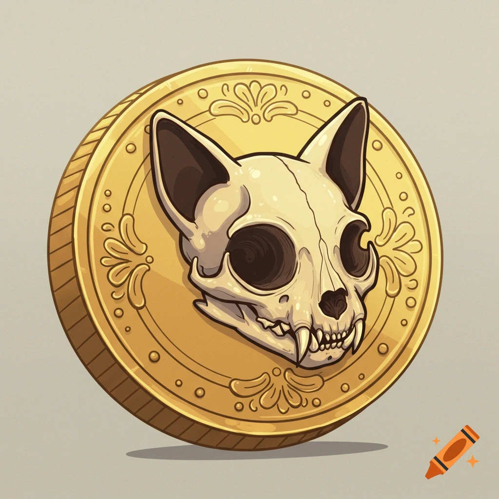 A stylized golden coin with an embossed cat skull design at its center ...