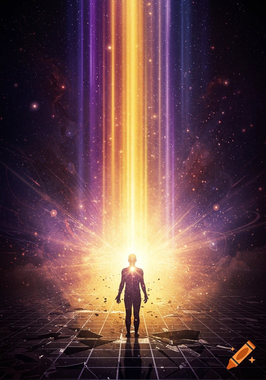 Silhouette of a man in a suit manipulates glowing energy orbs above a ...