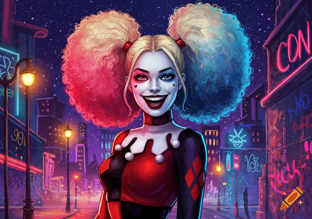 A stylized portrait of a woman inspired by Harley Quinn, with blonde ...
