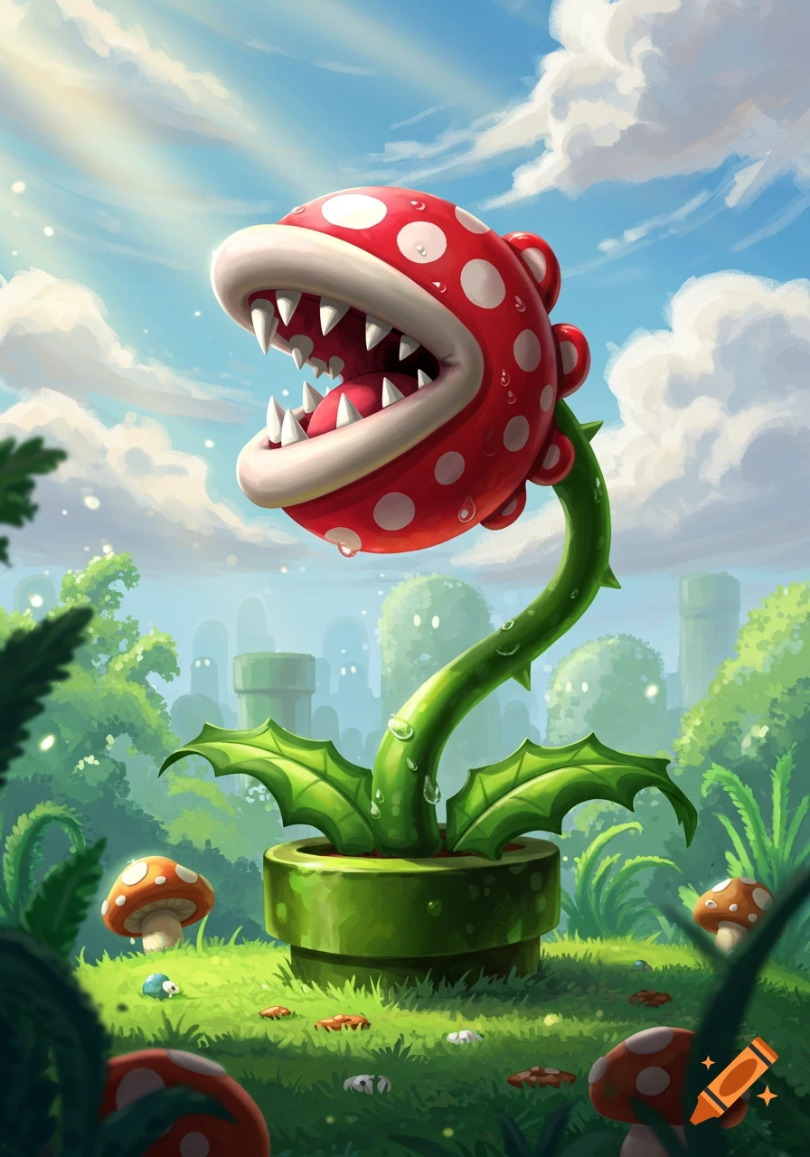 A stylized illustration of a Piranha Plant from Mario, with a red and ...