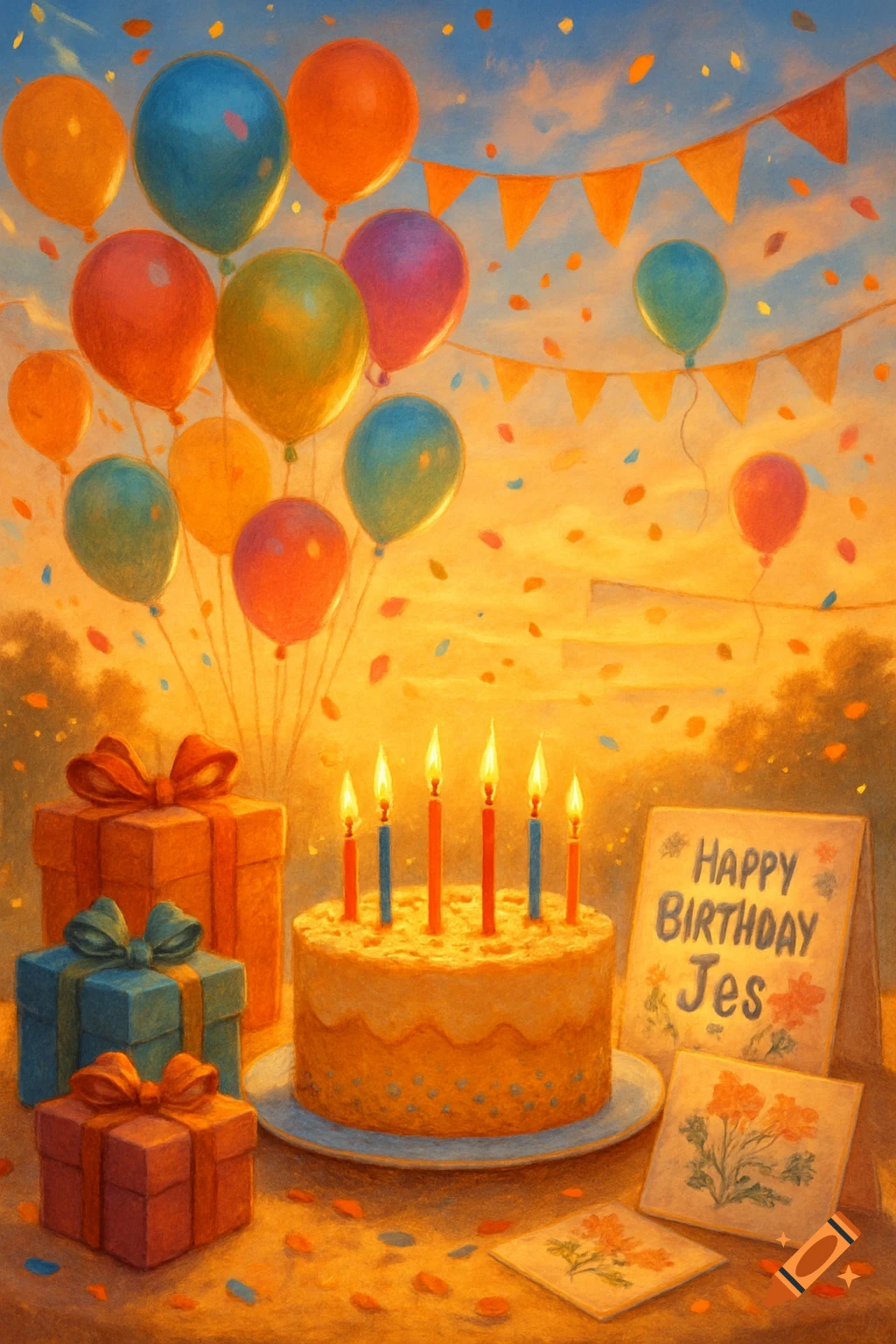 A vibrant birthday celebration scene with a multi-tiered cake, colorful ...