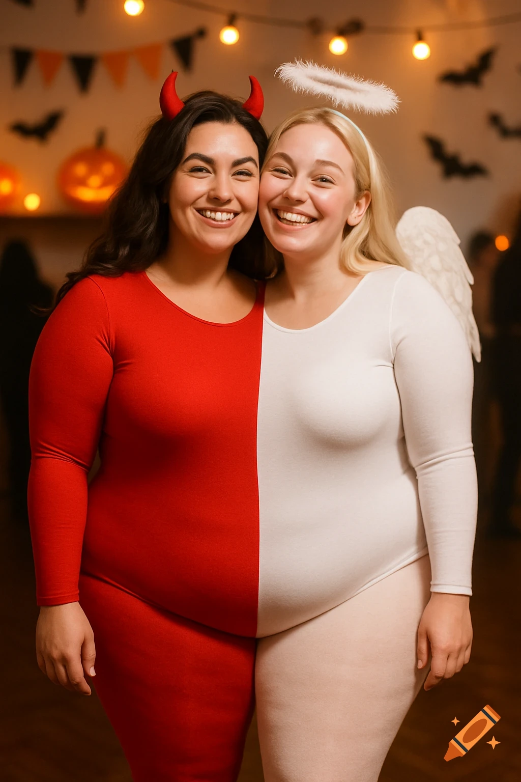 Two women in a conjoined angel and devil Halloween costume, smiling ...