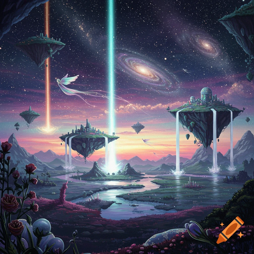 Vibrant, detailed fantasy landscape with floating islands, waterfalls ...